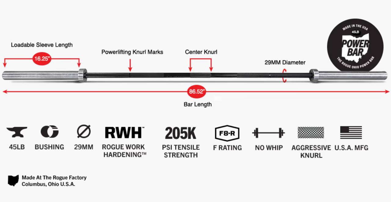 Rogue Ohio Power Bar 45LB Cerakote - Barra de entrenamiento Powerlifti ...